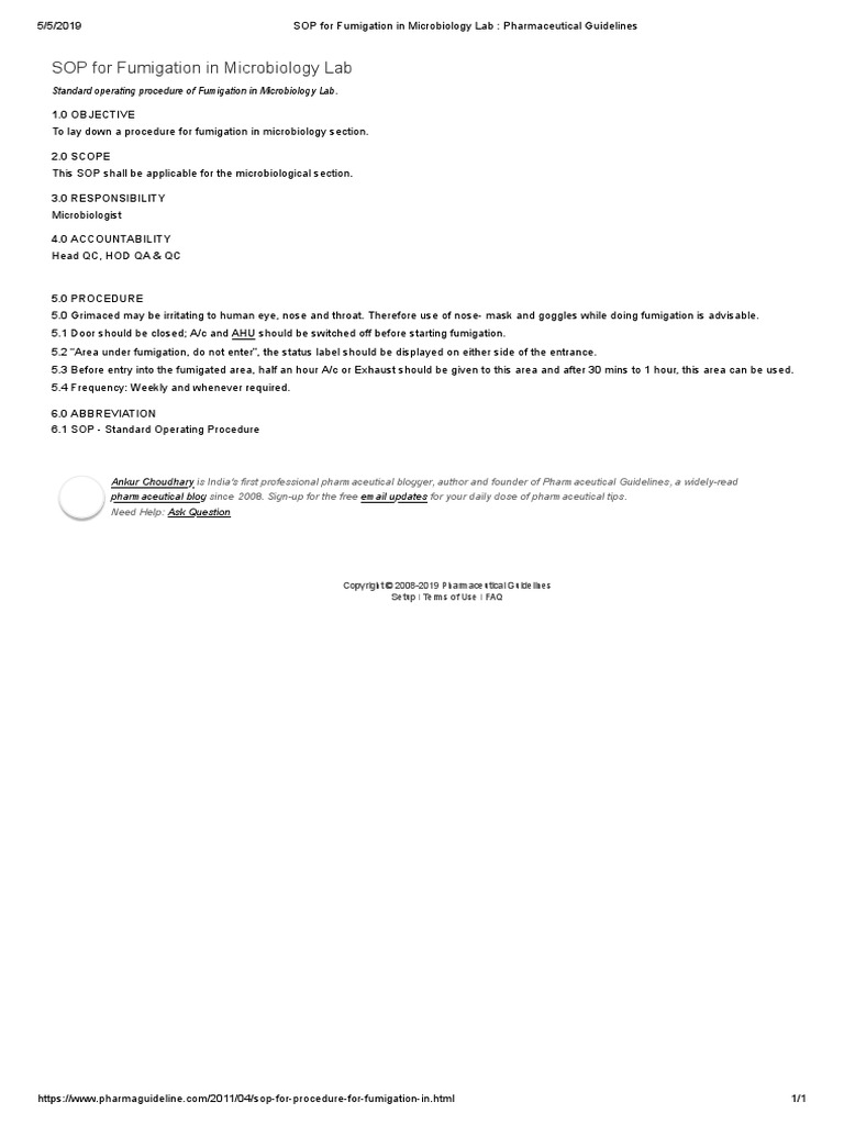SOP For Fumigation in Microbiology Lab - Pharmaceutical Guidelines ...