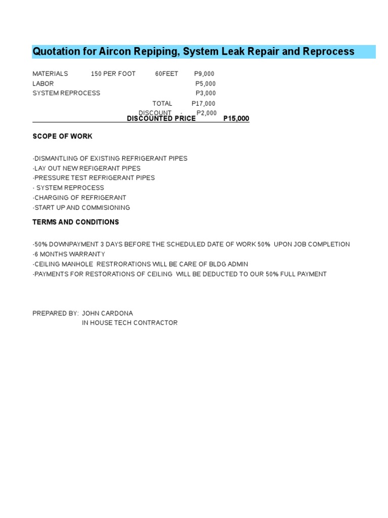 Quotation For Aircon Repiping, System Leak Repair and Reprocess | PDF