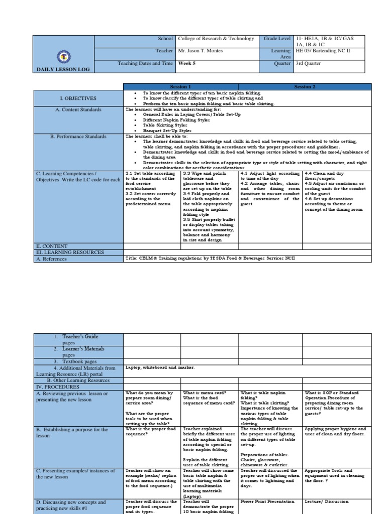 Napkin Folding and Skirting Lesson Plan | PDF | Rubric (Academic ...