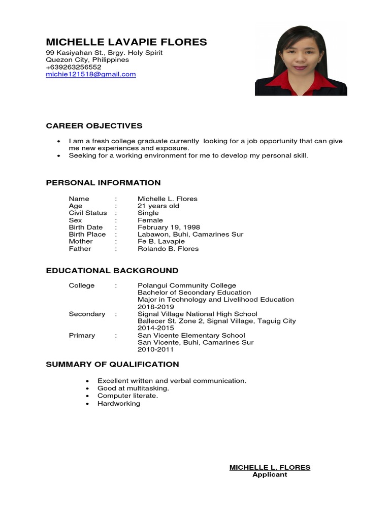 Michelle Lavapie Flores: Career Objectives | PDF