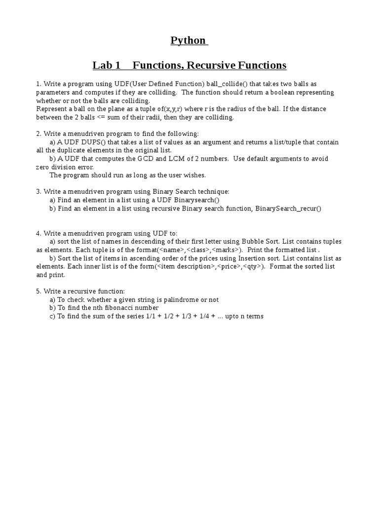 Python Lab 1 Functions, Recursive Functions | PDF | Computers