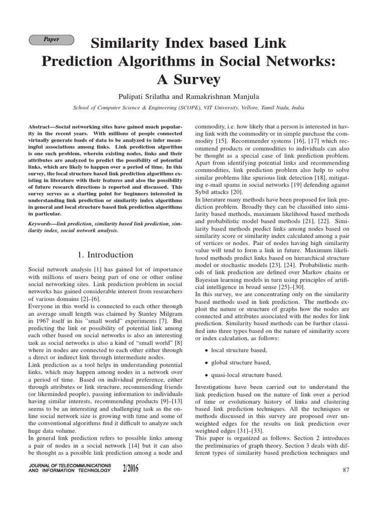 Similarity Index Based Link Prediction Algorithms in Social Networks: A Survey | PDF ...