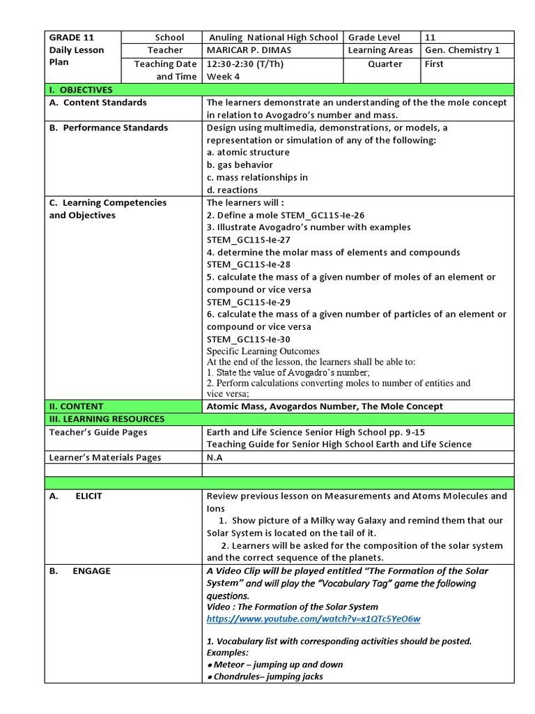 Grade 11 Daily Lesson Plan I. Objectives A. Content Standards B ...