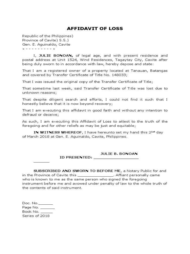Affidavit of Loss. TITLE | PDF