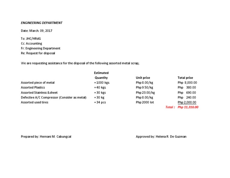 Request for Disposal of Assorted Metal Scrap, Plastics, and Defective ...