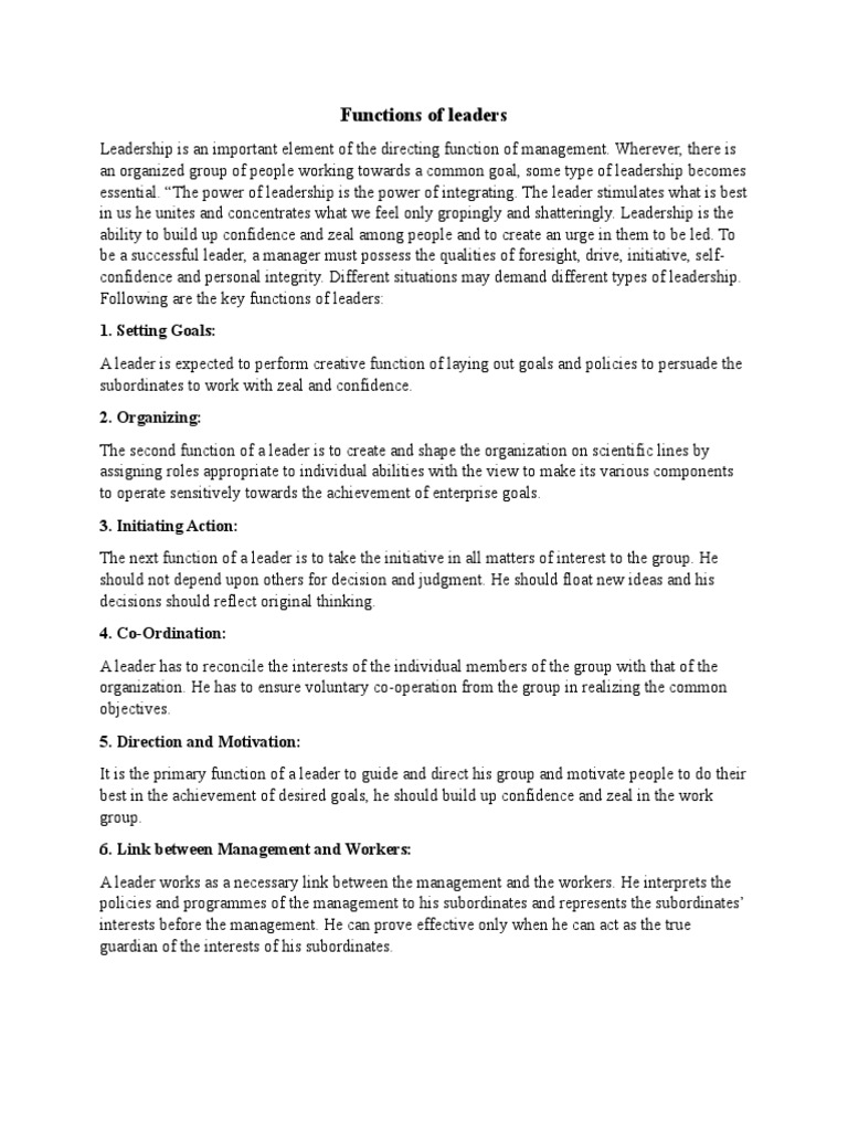 Key Functions of a Leader: Setting Goals, Organizing, Initiating Action ...