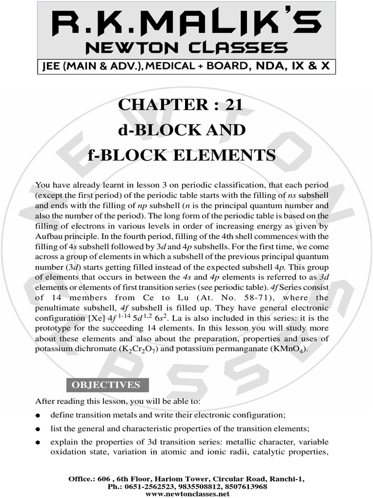 D-Block and f-Block Elements Properties | PDF | Periodic Table | Atoms