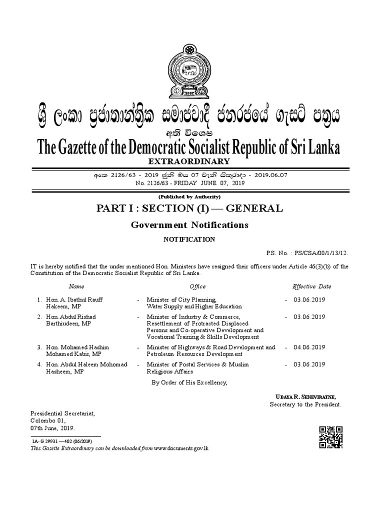 Sri Lanka Ministerial Resignations - June 2019 | PDF | Public Sphere ...