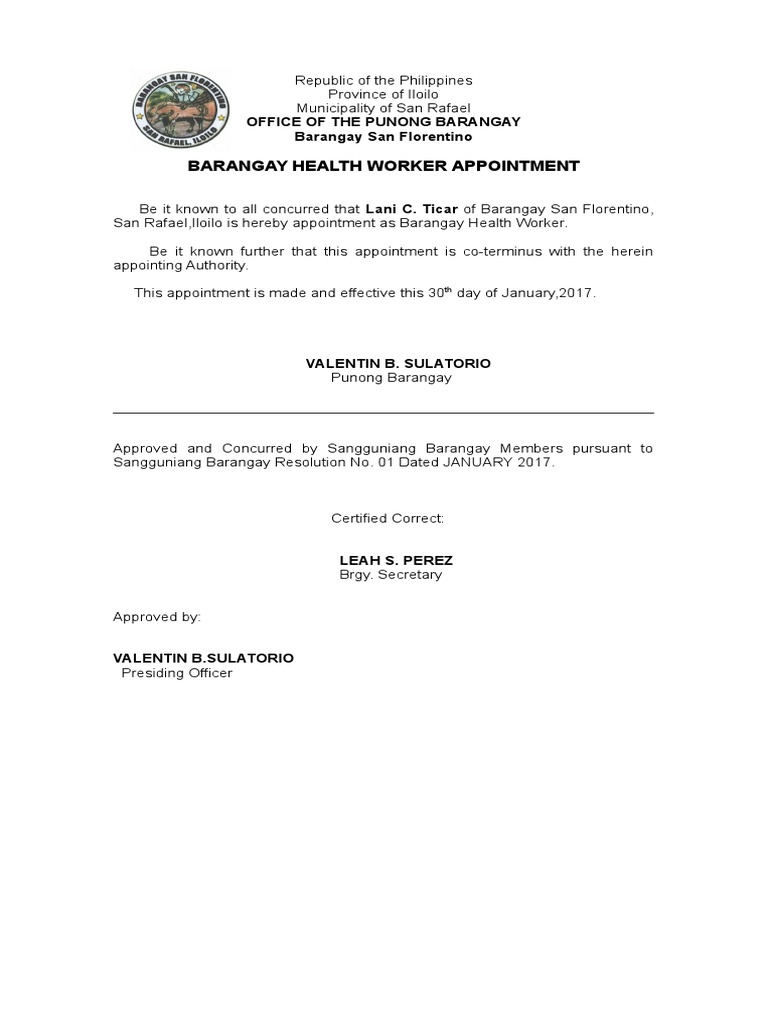 Barangay Health Worker Appointment | PDF | Philippines