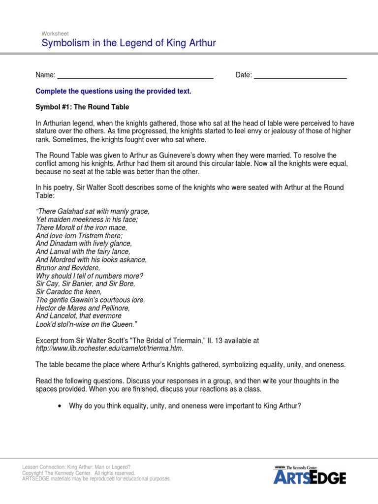 Symbolism in The Legend of King Arthur: Complete The Questions Using ...