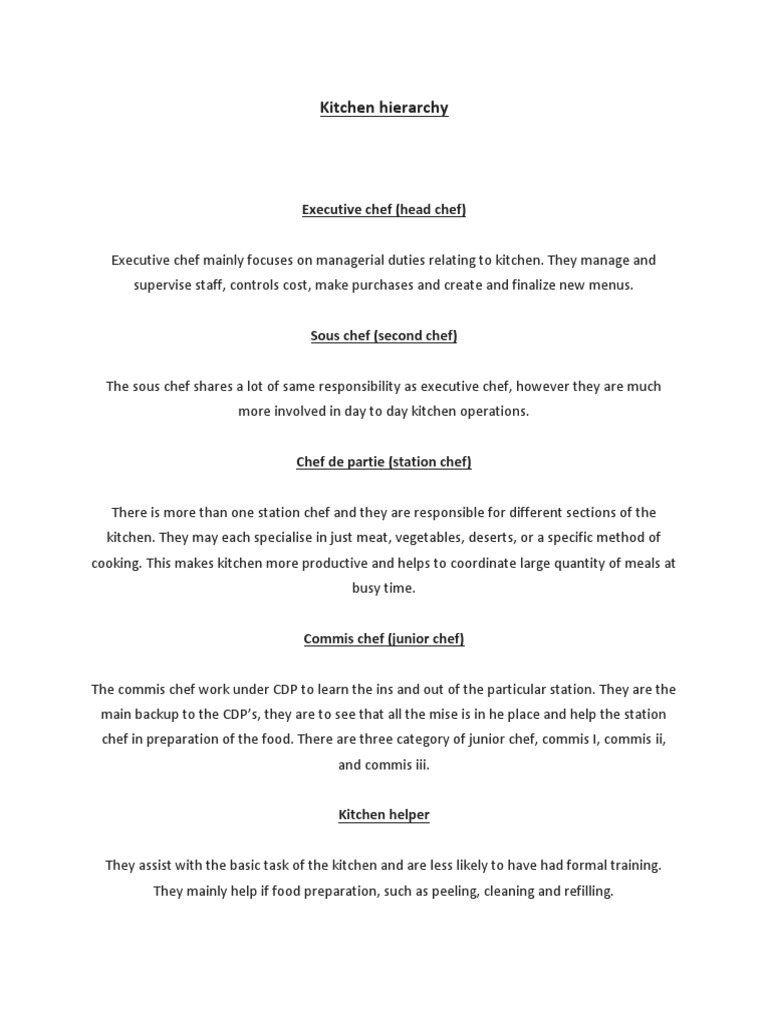 Kitchen Hierarchy: Executive Chef (Head Chef) | PDF | Chef | Cooking