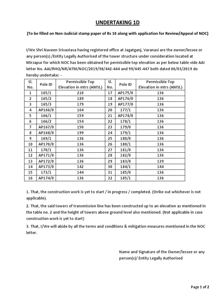 Undertaking 1D: (To Be Filled On Non-Judicial Stamp Paper of Rs 10 ...