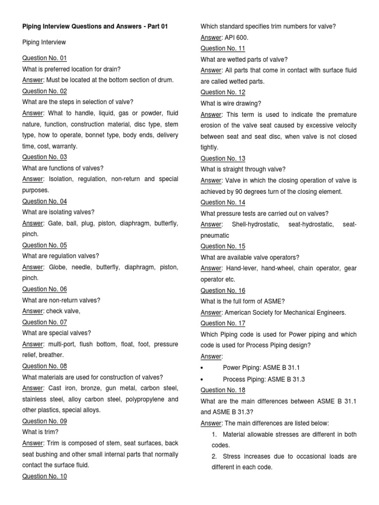 Piping Design Questions | PDF | Pipe (Fluid Conveyance) | Valve