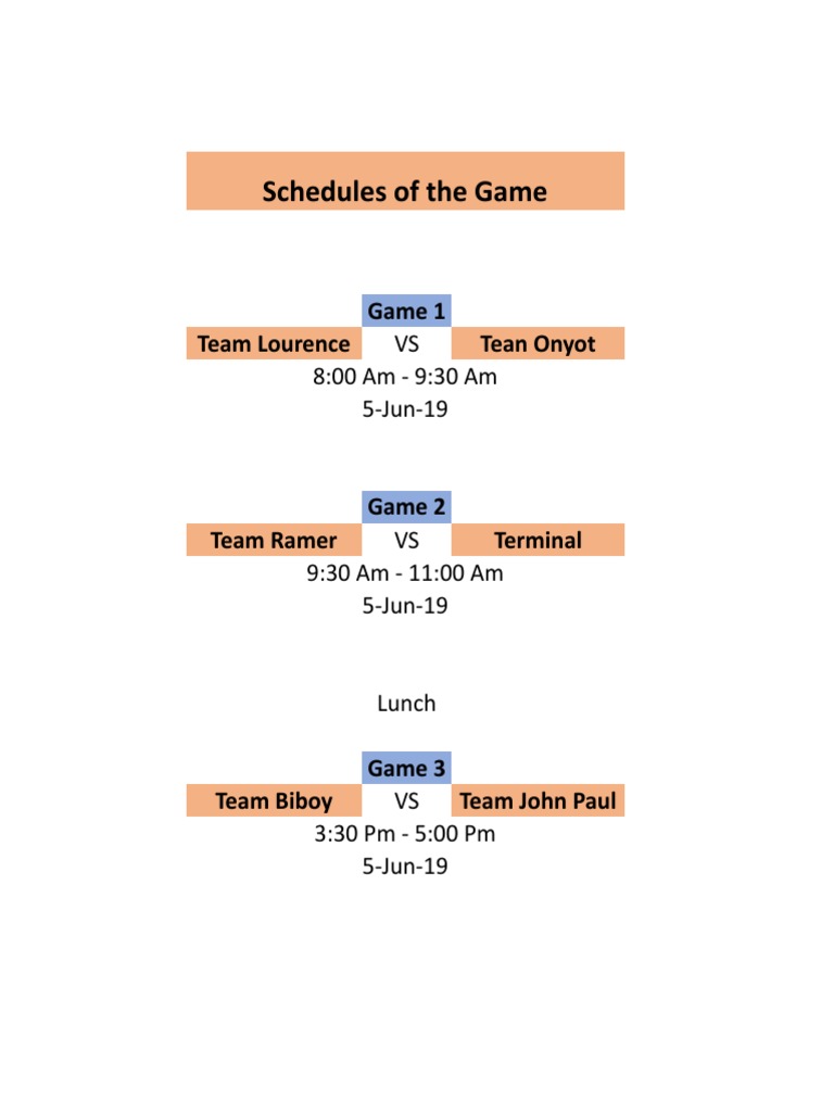 Schedules of The Game: Game 1 Team Lourence Tean Onyot | PDF