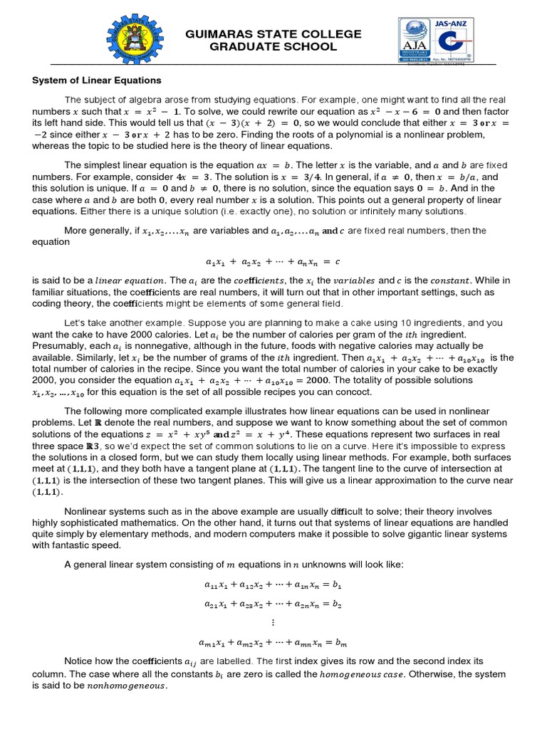 A Concise Explanation Of Systems Of Linear Equations And Matrices Pdf Matrix Mathematics