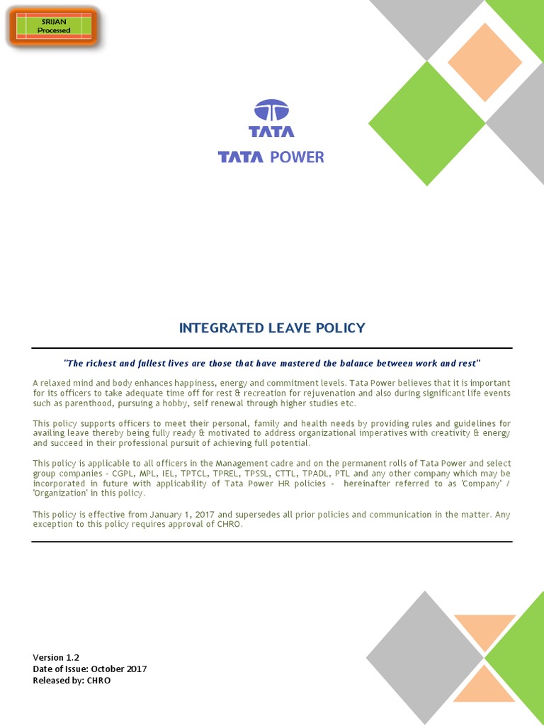 Integrated Leave Policy 2017 TATA | PDF | Sick Leave | Surrogacy