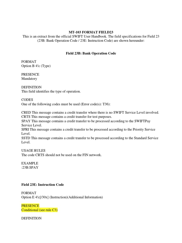 Mt103 Swift Codes | PDF | Payments | Credit