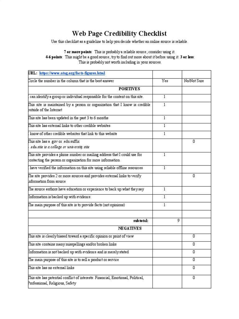 Web Page Credibility Checklist | PDF | Online And Offline | World Wide Web