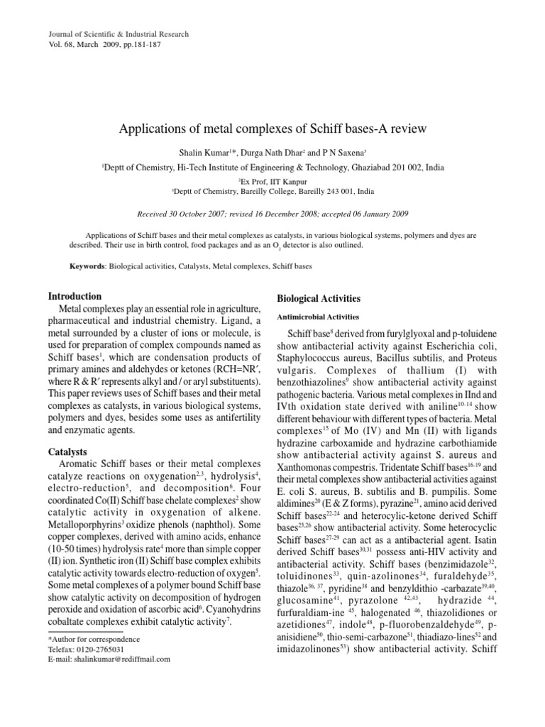 Applications of Metal Complexes of Schiff Bases-A Review | PDF | Catalysis | Coordination Complex