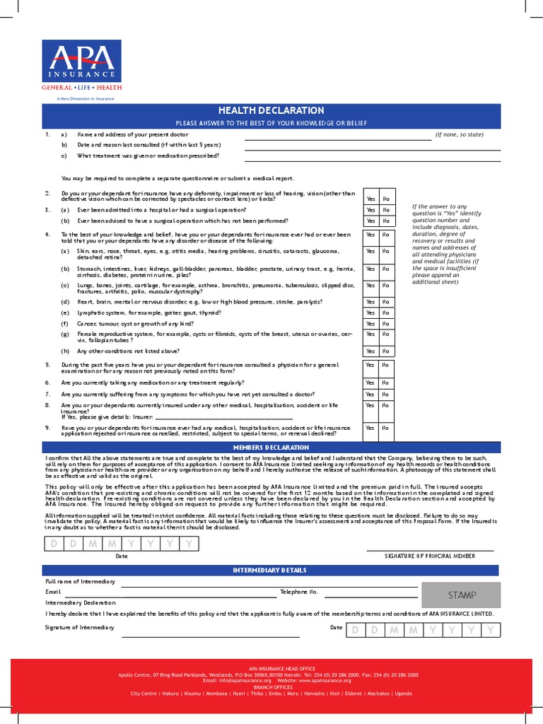 APA Health Insurance Application Form | PDF | Insurance | Medical ...