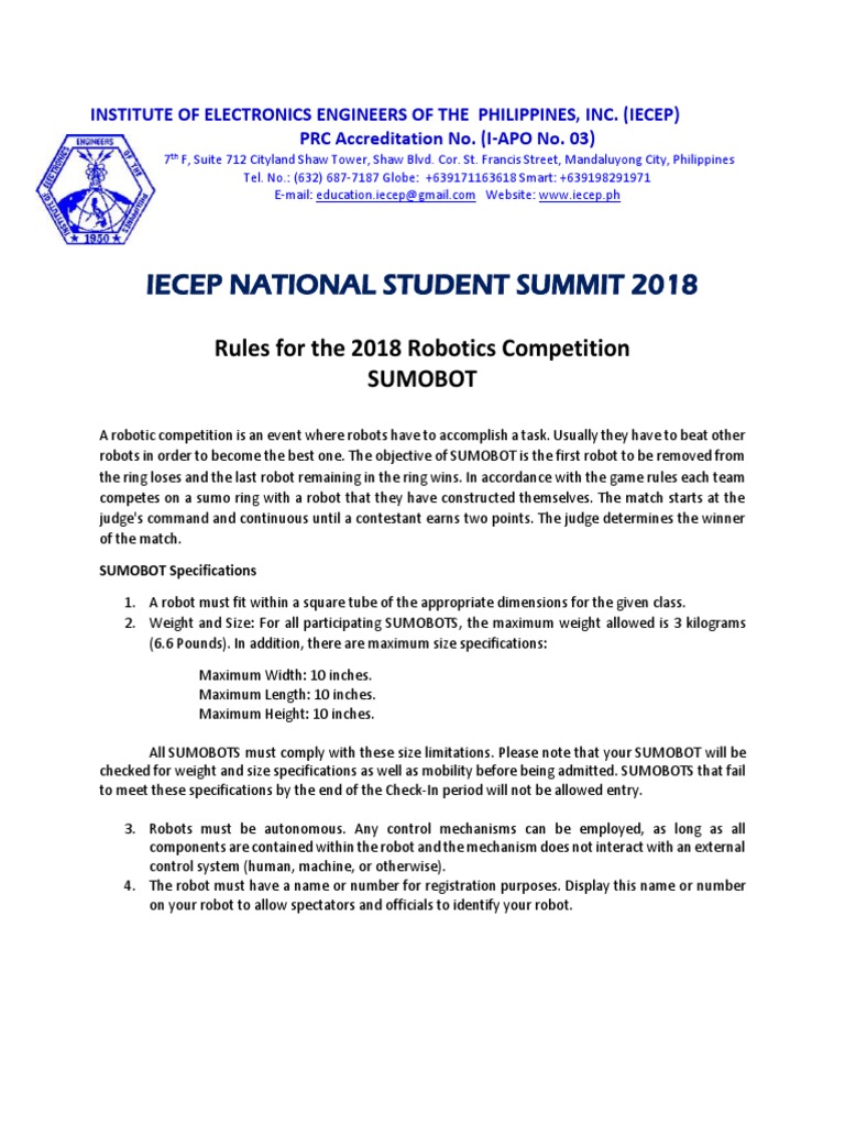 SUMOBOT Competition Rules 2018 | PDF | Robot | Robotics