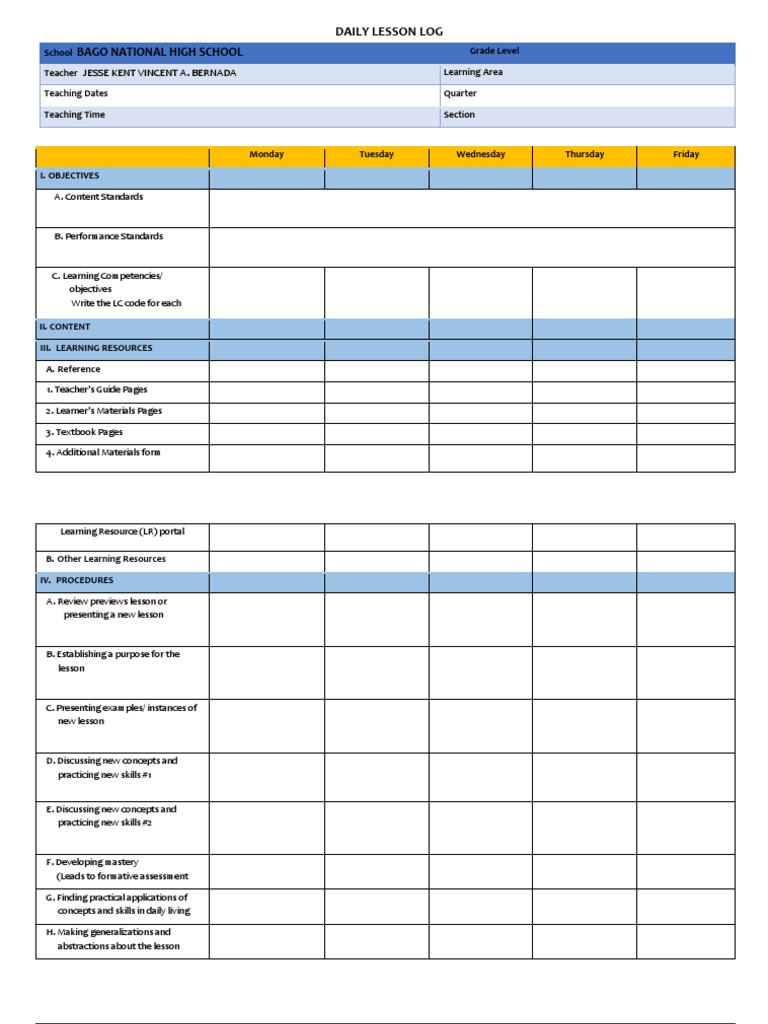 Daily Lesson Log (Template) | PDF