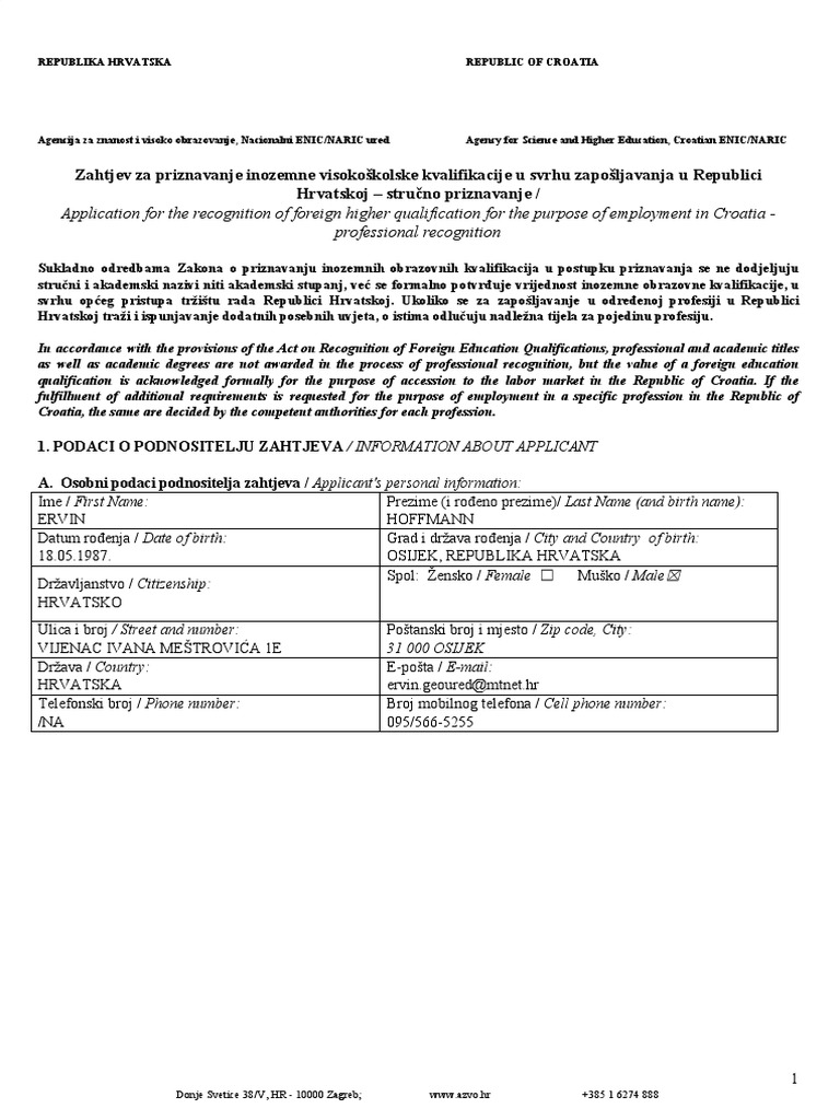 Obrazac Zahtjeva Za Prizvnavanje IVK-POPUNJENO | PDF