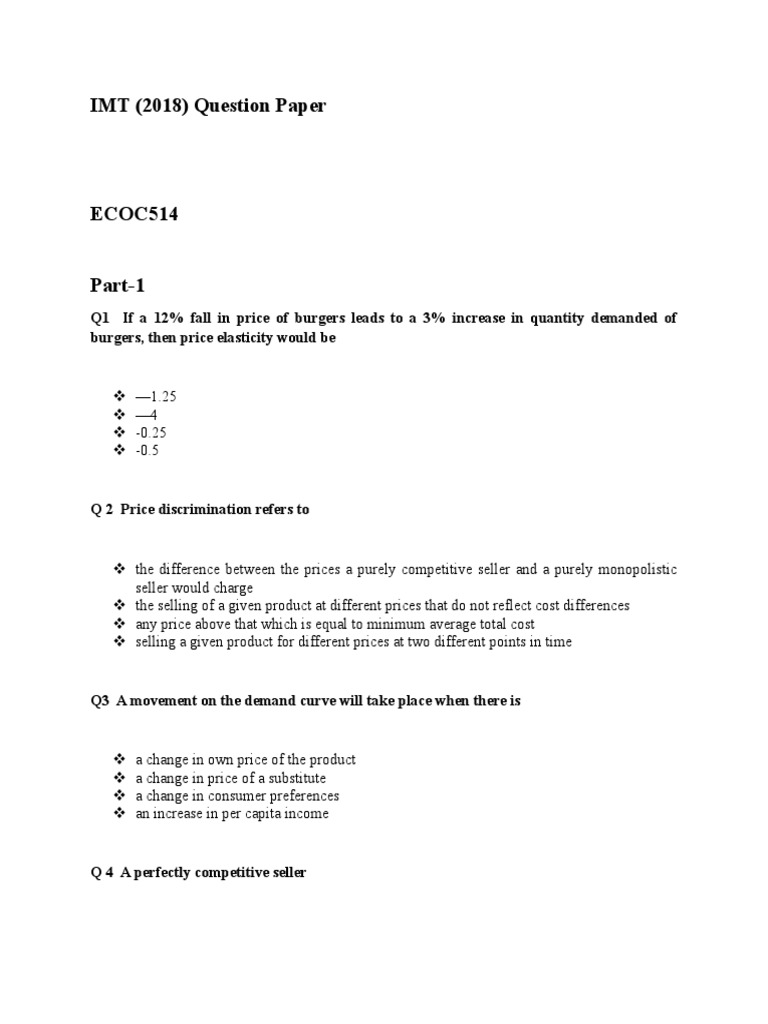 Imt 2018 Ques. Paper Ecoc514 | PDF | Demand | Perfect Competition