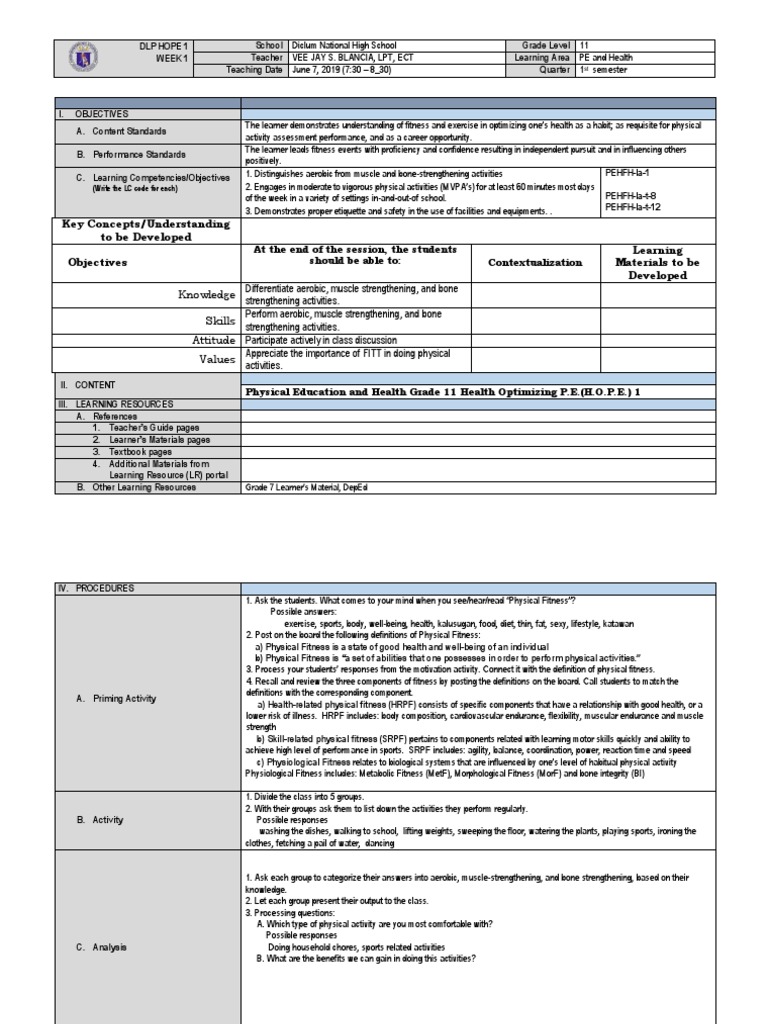 DLP No. 1 - HOPE 1 | PDF | Physical Fitness | Weight Training