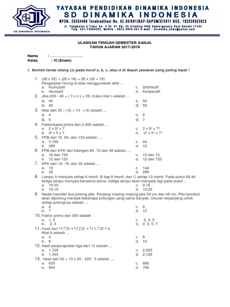 Soal UTS MTK Kelas 6 SD Semester 1 | PDF