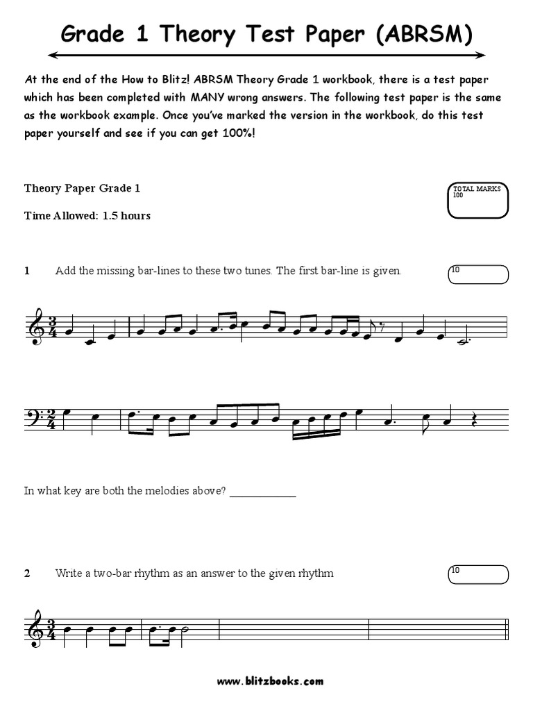 Grade 1 Theory Test Paper (ABRSM) : 3/4 Cmaj | PDF | Tempo | Notation