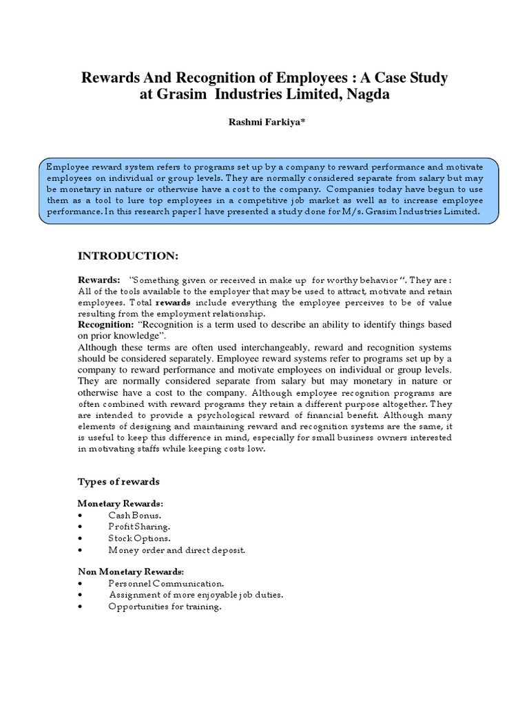 Rewards And Recognition Of Employees A Case Study At Grasim Industries