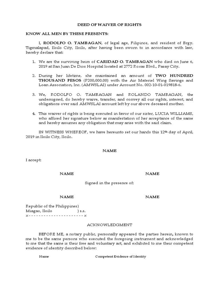 Deed of Waiver of Rights | PDF