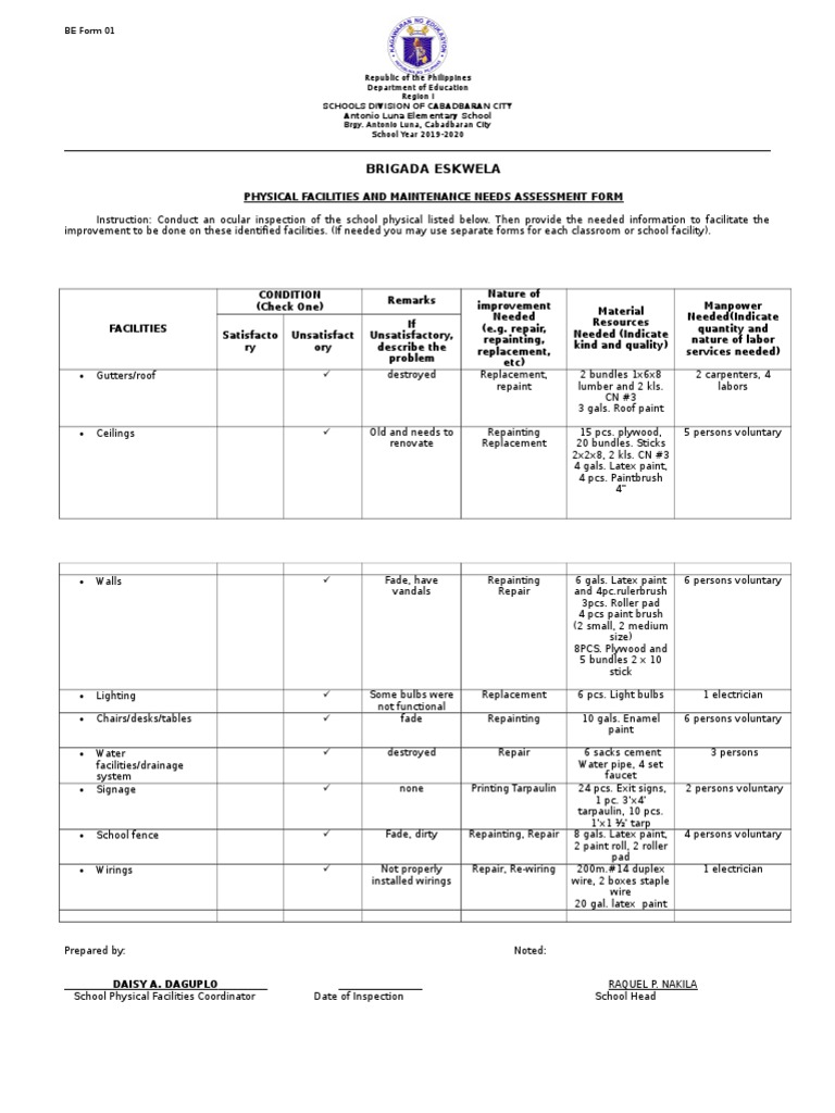 Be Form 1 - Physical Facilities and Maintenance Needs Assessment Form ...