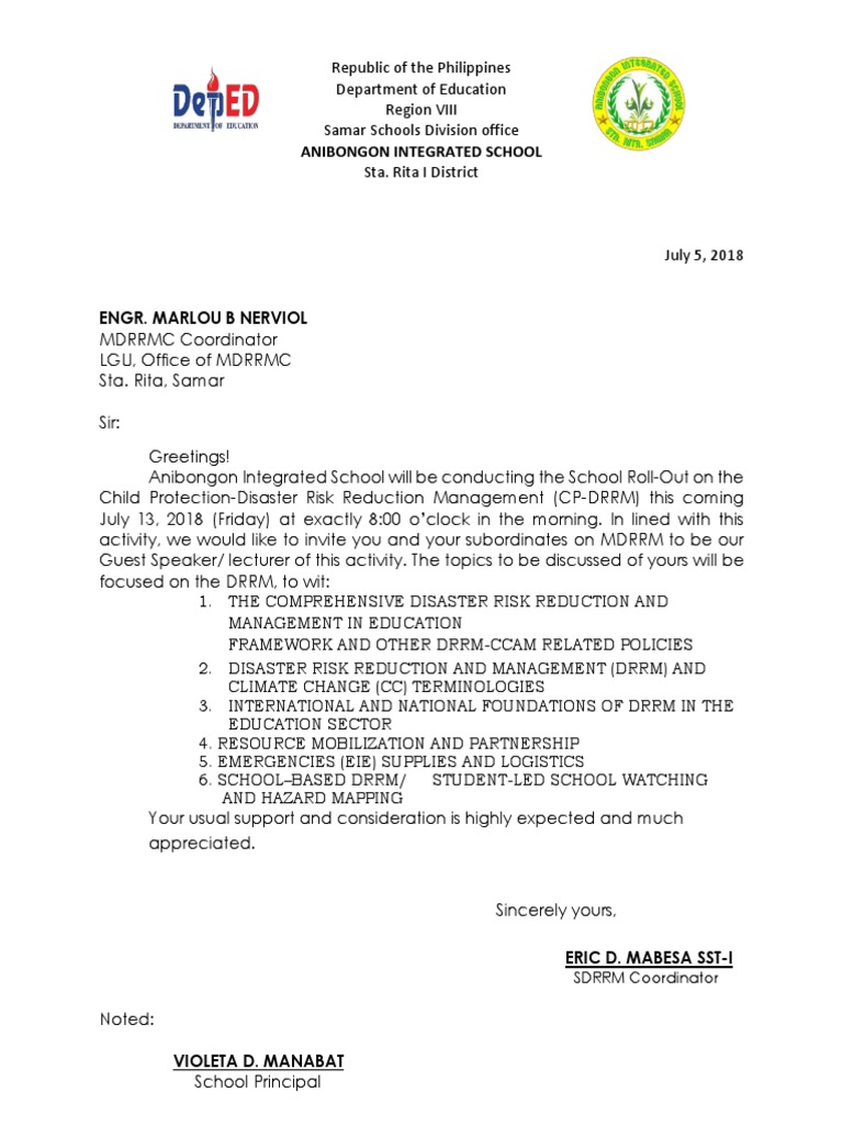 Communication Letter to MDRRM LGU | Public Sphere | Natural Environment