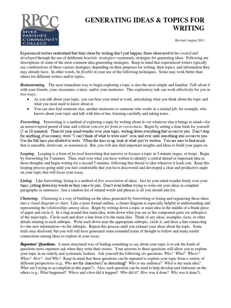 Generating Ideas & Topics For Writing: Revised August 2013 | PDF ...