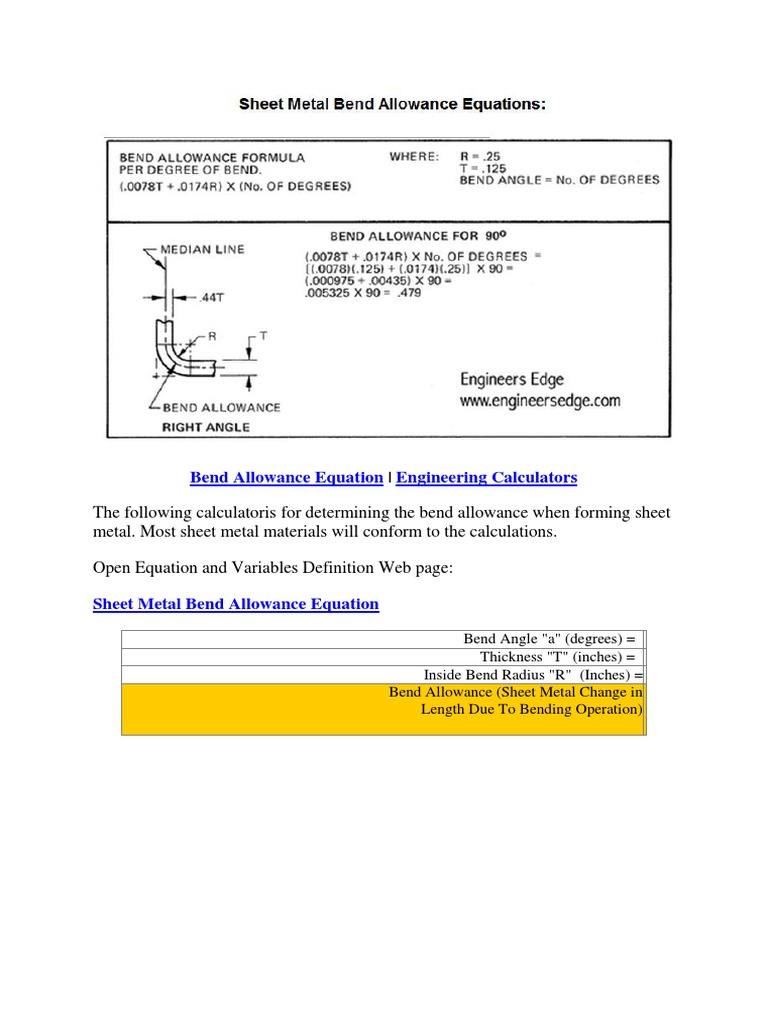 Bend Allowance Equation Engineering Calculators | PDF