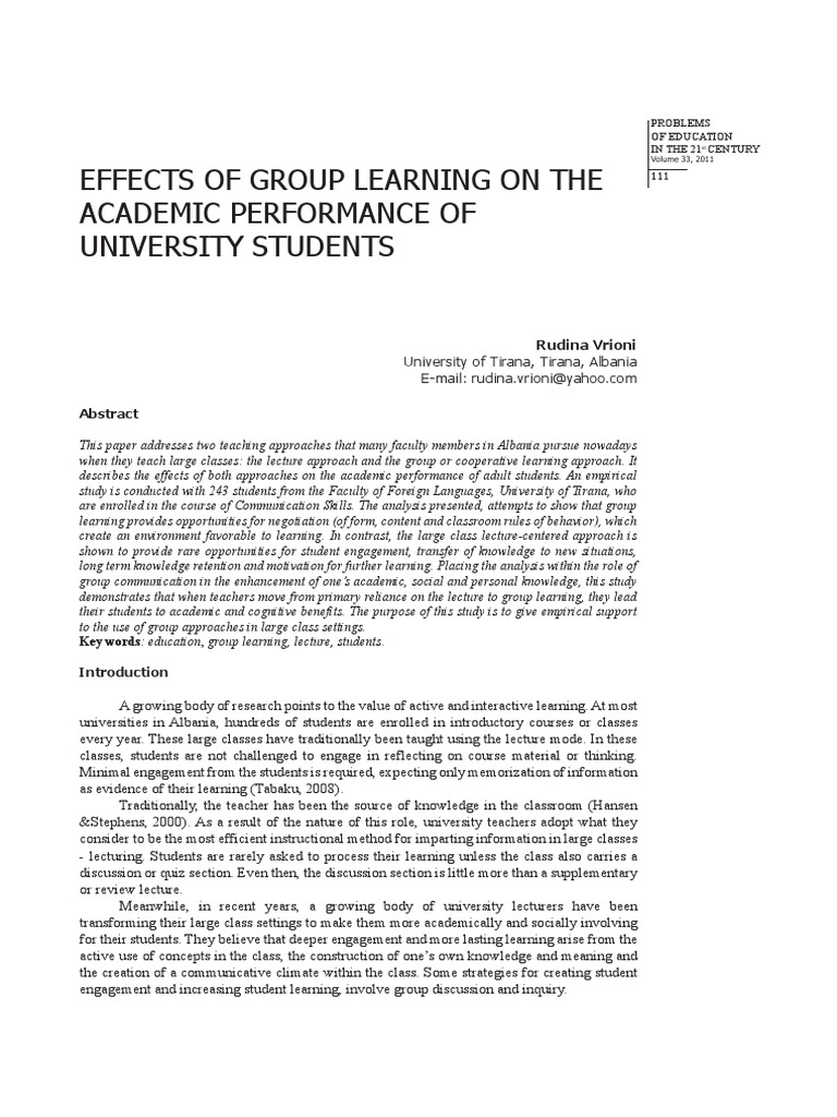 Effects of Group Learning On The Academic Performance of University ...