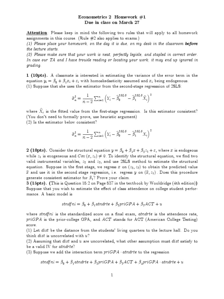 HW Econometrics 2 | PDF | Ordinary Least Squares | Endogeneity (Econometrics)