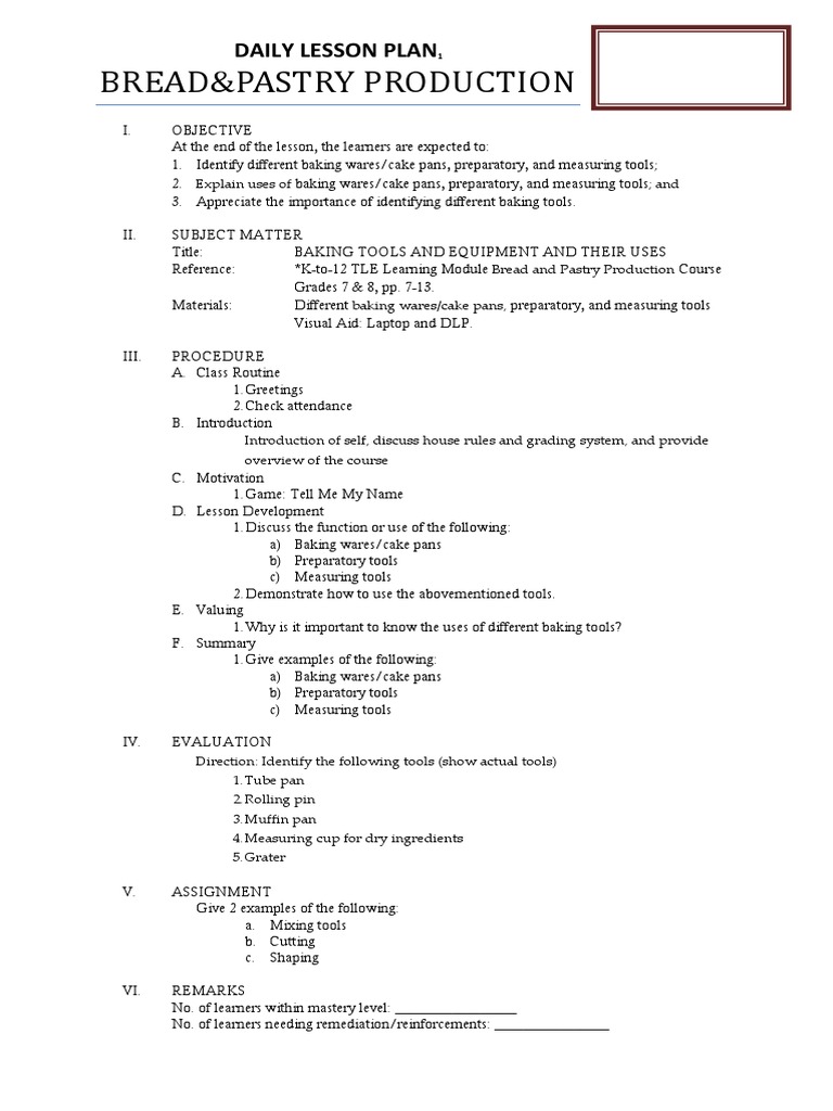 Bread&Pastry Production: Daily Lesson Plan | PDF
