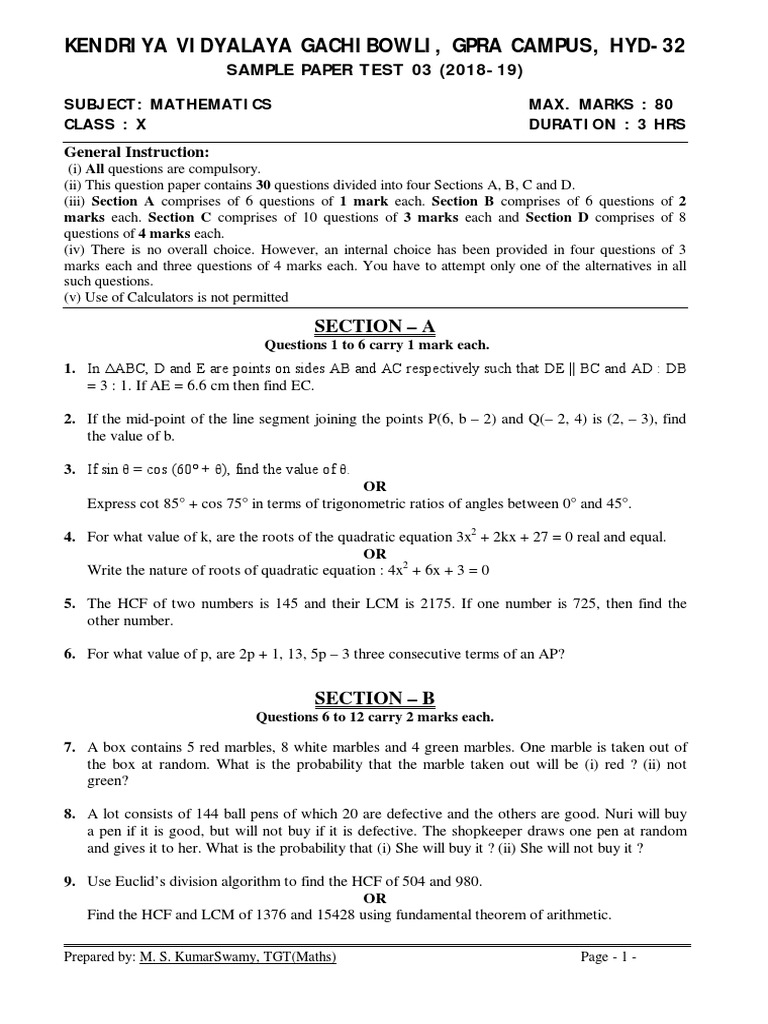 Maths Class X Sample Paper Test 03 For Board Exam 2019 | PDF | Triangle ...