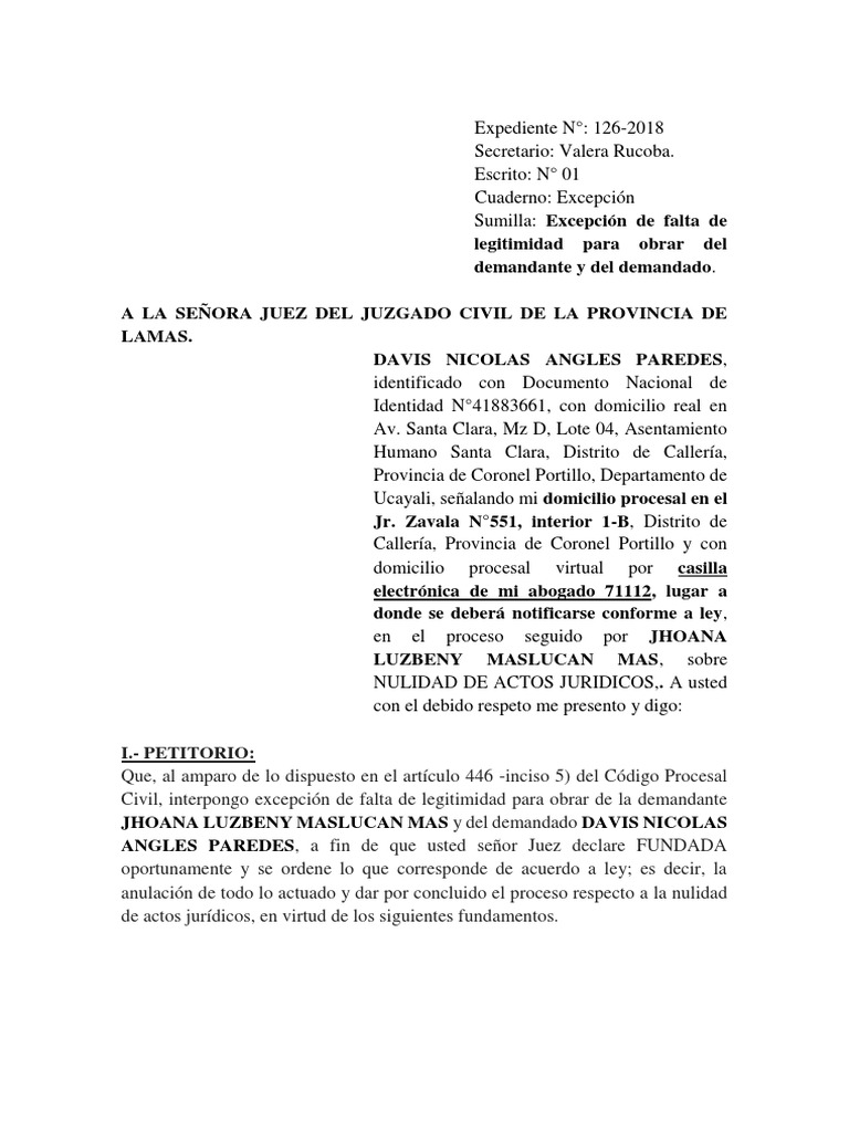 Escrito Excepcion | PDF | Propiedad | Demanda judicial