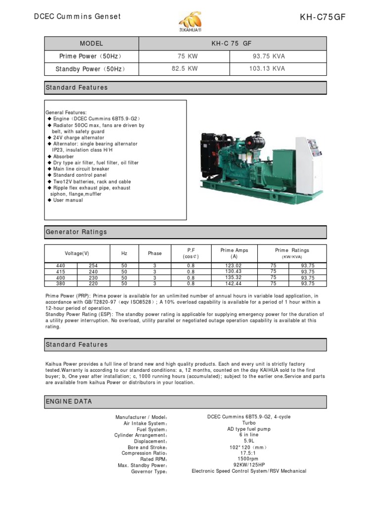 75kw Cummins 6bt5.9-g2 | PDF | Electric Power | Energy Technology