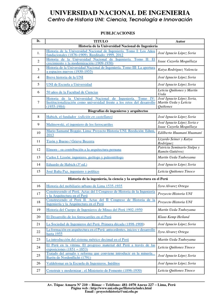 Historia de la UNI: Publicaciones Clave | PDF | Perú | Ciencia y Tecnología