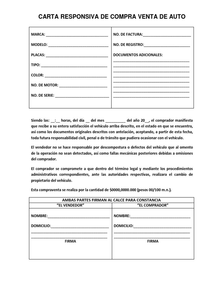 Carta Responsiva de Compra Venta de Auto
