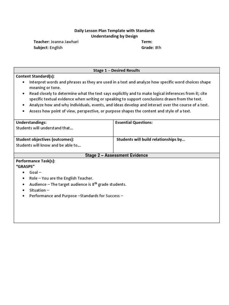 8th Grade English Lesson Plan Template | PDF | Lesson Plan ...