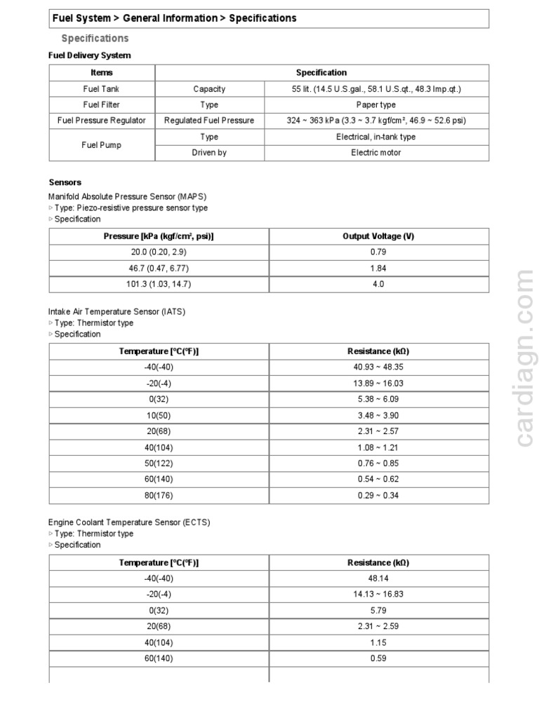 Fuel System Sensor Specifications | PDF | Electrical Connector | Throttle