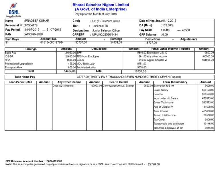 Payslip For The Month of July-2015: EPF Universal Account Number ...