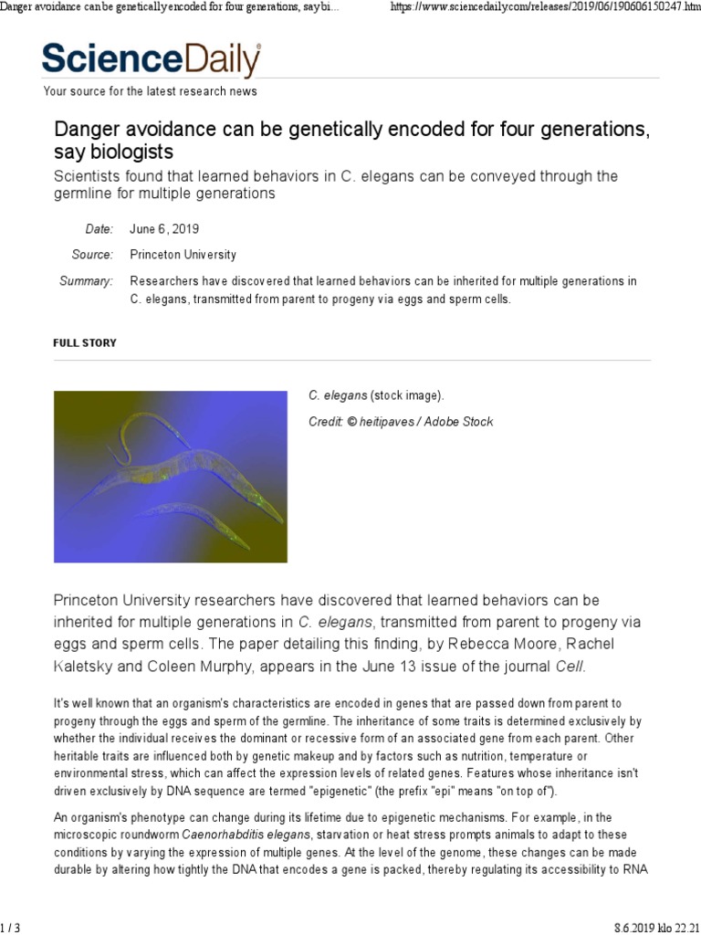 Danger Avoidance Can Be Genetically Encoded For Four Generations, Say ...