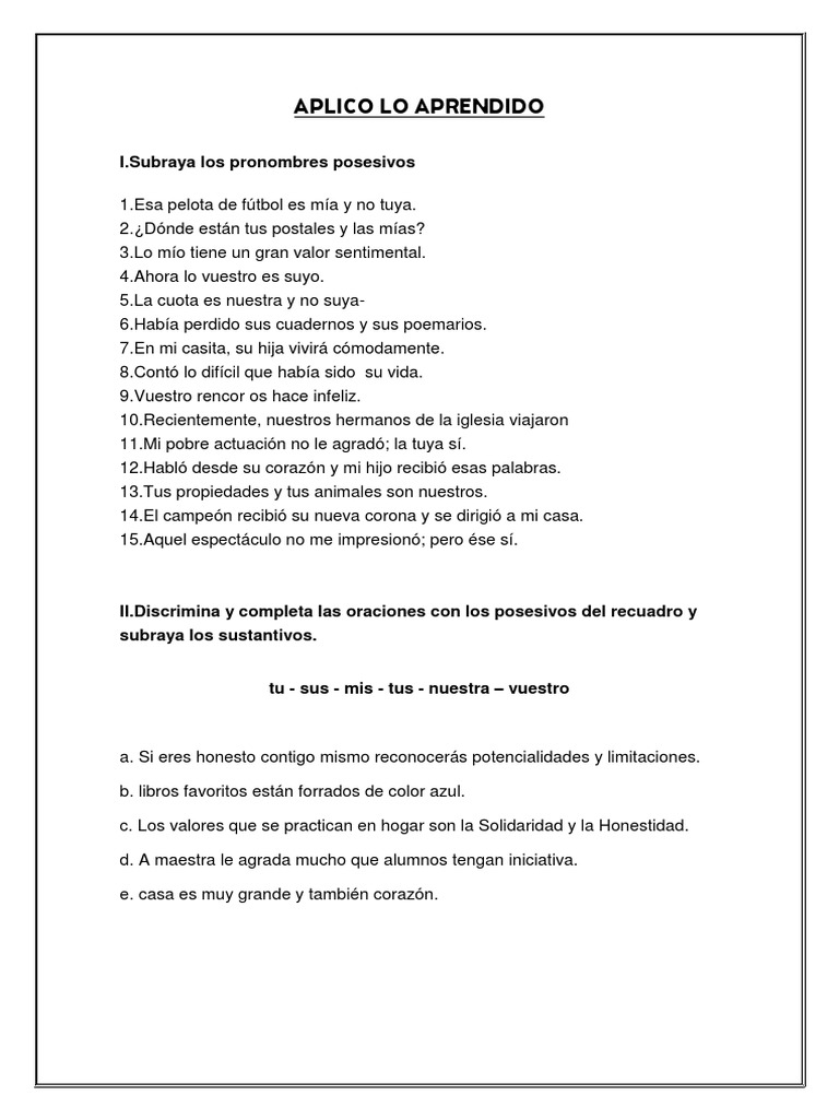 Oraciones con Pronombres Posesivos | PDF